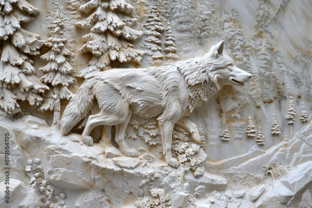 bas-relief, forest, wolf far away, epic, side view, gypsum, masterpiece ...