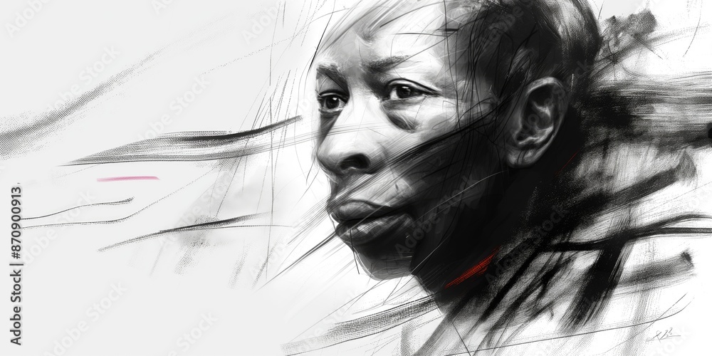 Black middle aged pensive african american woman face charcoal sketch ...