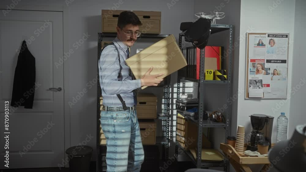 A focused hispanic male detective with a badge organizes cardboard ...