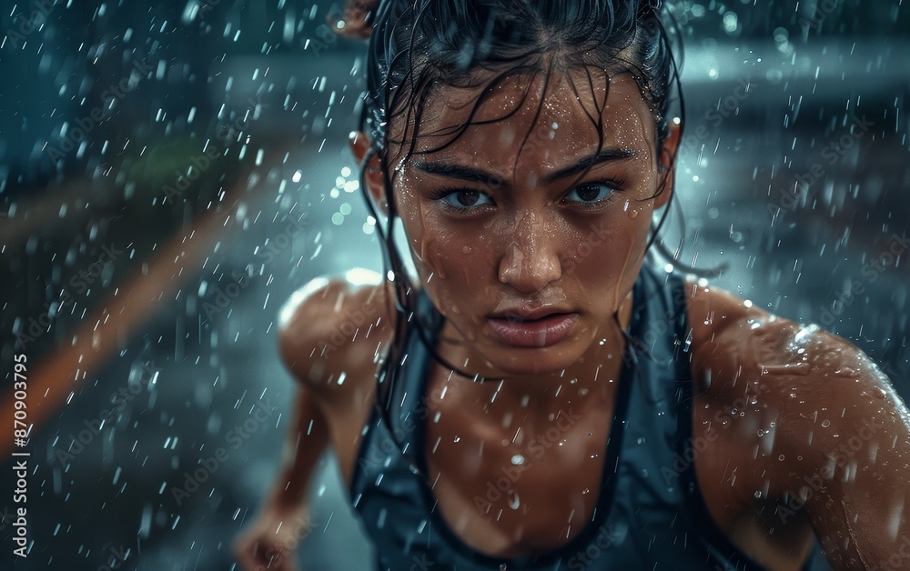 Determined female athlete running in the rain, showcasing grit and ...