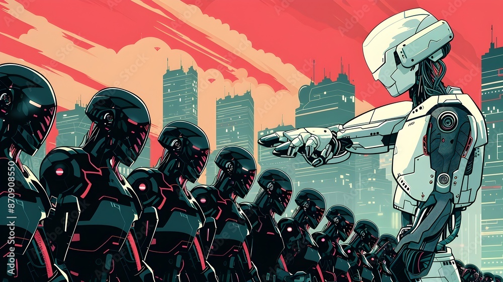 of a singular white robotic overseer guiding a regimented phalanx of ...