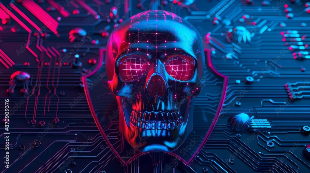 Futuristic cyber skull with glowing red eyes on electronic circuit ...