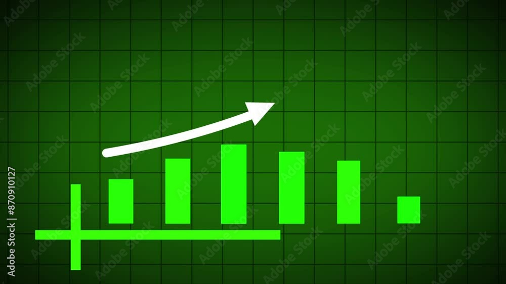 Green neon rising arrow over business graph on green grid background ...