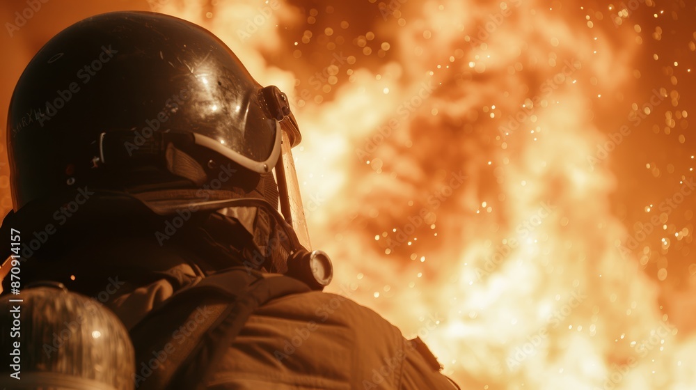 Dramatic action shot of a firefighter rescuing a child from a burning ...