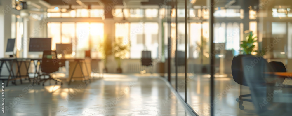 A blurred bright office background with glass walls, ergonomic chairs ...