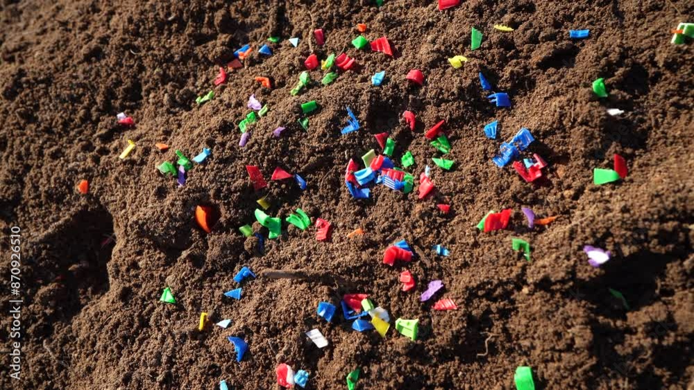 Microplastic pollution. Microplastics in ground. Soil contaminated with ...