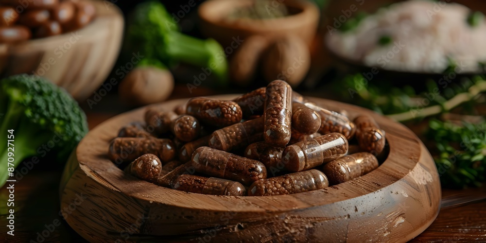 Sources of B12 Capsules and Natural Vitamin-Rich Foods. Concept ...