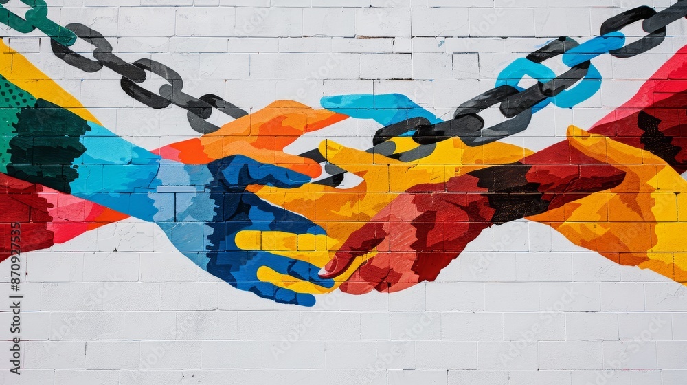 Emancipation-themed mural on a city wall, bursting with vivid colors ...