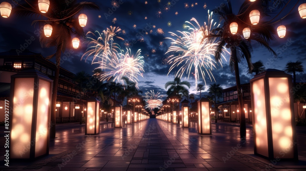 Grand procession at night with intricate costumes, vibrant fireworks ...