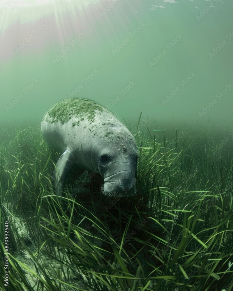 gentle manatee grazing underwater amidst seagrass beds close up marine ...