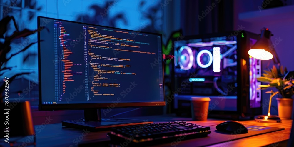 Glowing computer screen in a dark room displaying code close up tech ...