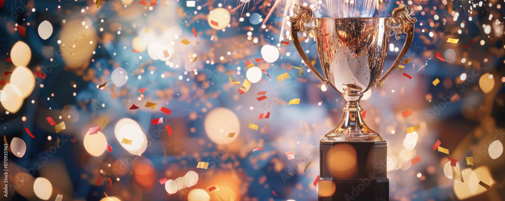 A close-up of a trophy on a podium, with confetti and fireworks in the ...
