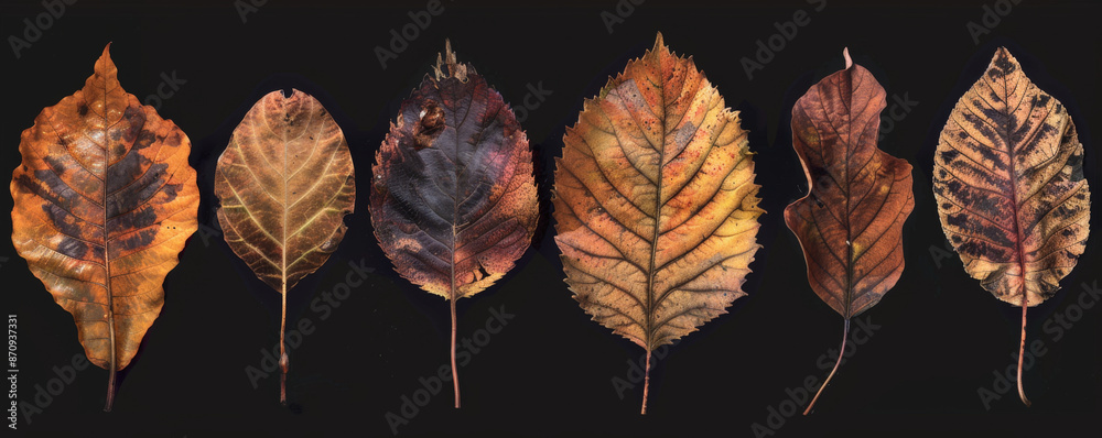 A collection of autumnal leaves in different stages of decay ...