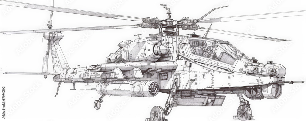 A detailed drawing of a combat helicopter, featuring its rotor blades ...