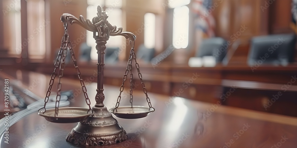 Blurred background of courtroom equipment including judge justice and ...