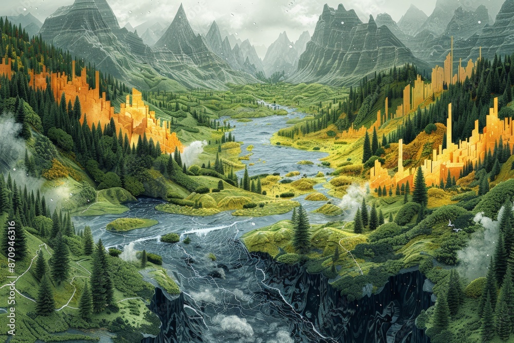 Expansive valley with river flowing through, golden geological ...