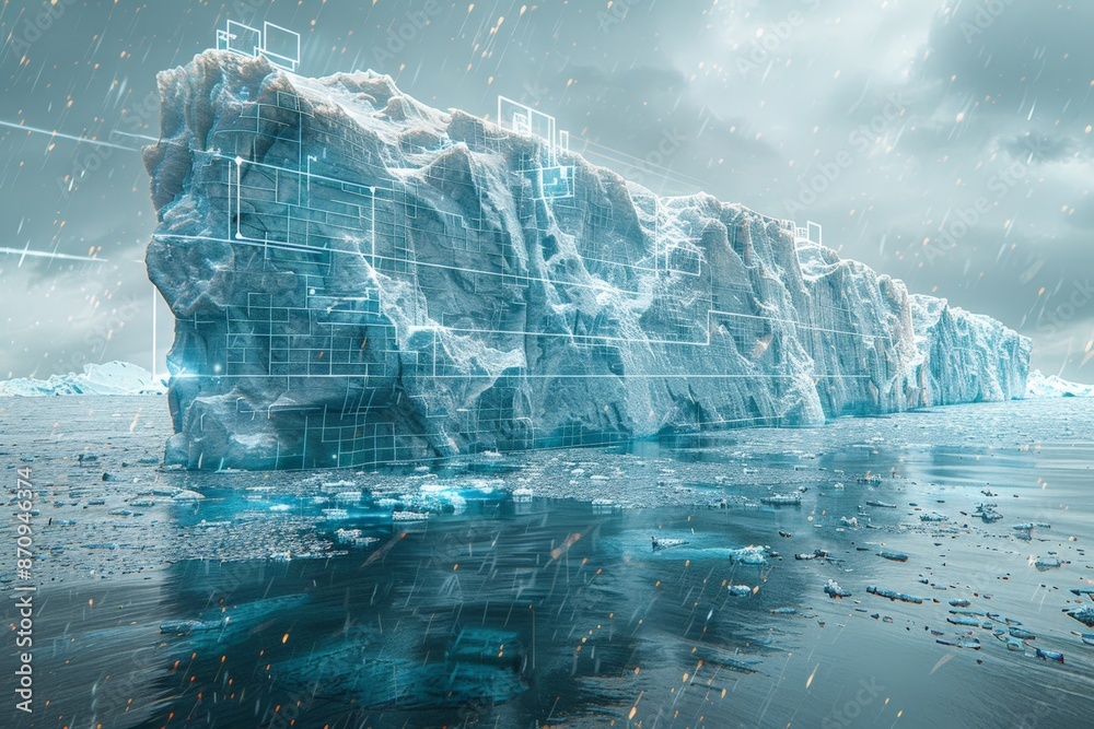 Massive ice wall with digital data overlays in Arctic waters ...