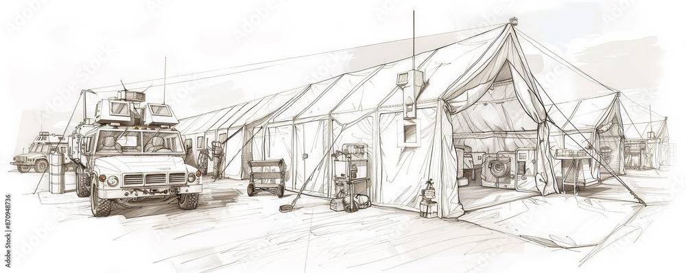 A detailed sketch of a military field hospital, featuring its modular ...