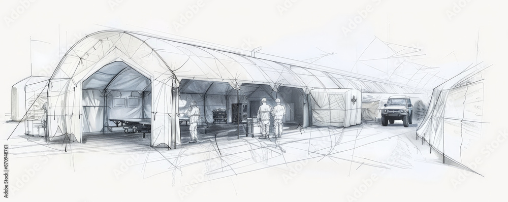 A detailed sketch of a military field hospital, featuring its modular ...