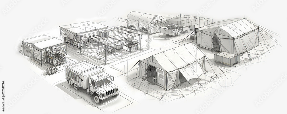 A detailed sketch of a military field hospital, featuring its modular ...