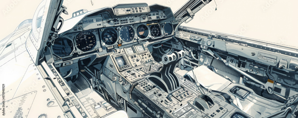 A detailed sketch of a military jet cockpit, featuring its instrument ...