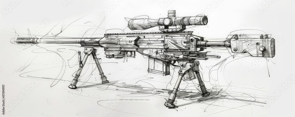 A detailed sketch of a sniper rifle, showcasing its scope, barrel, and ...