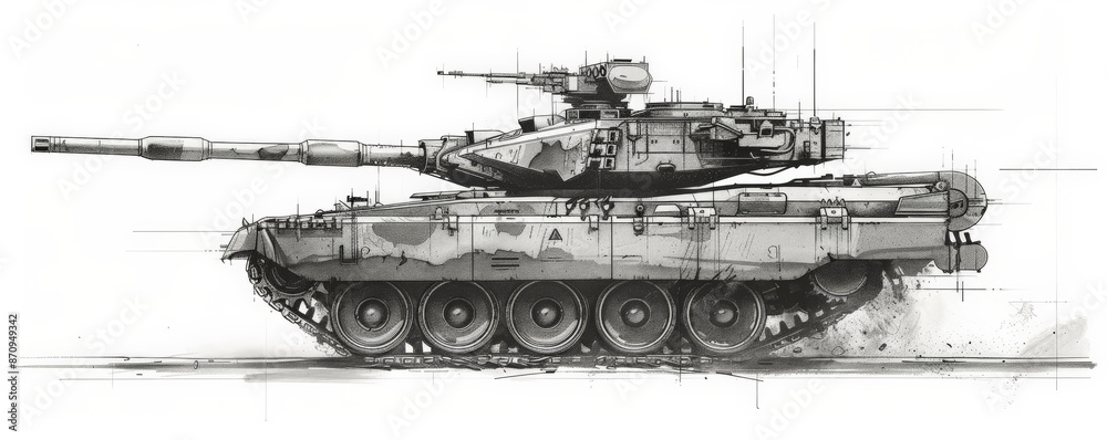 A detailed technical sketch of a modern battle tank, showcasing its ...