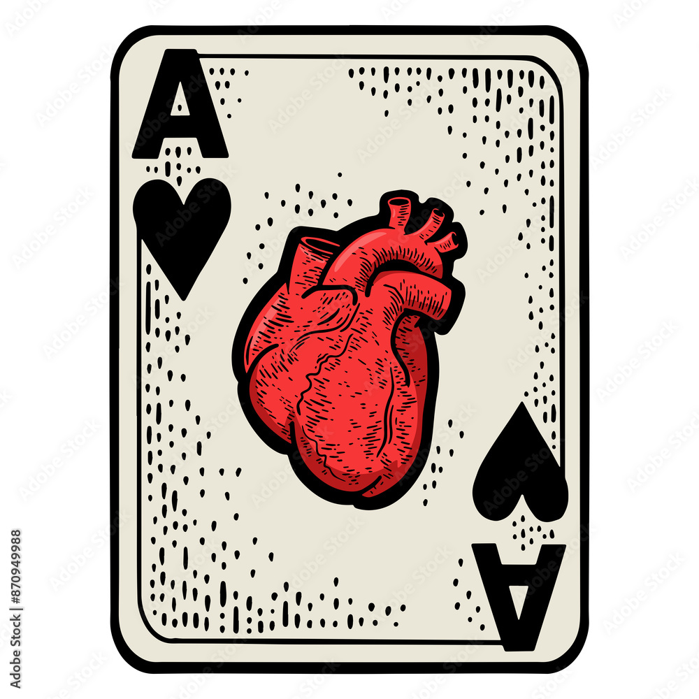 Ace of hearts with human anatomical heart color line art sketch ...