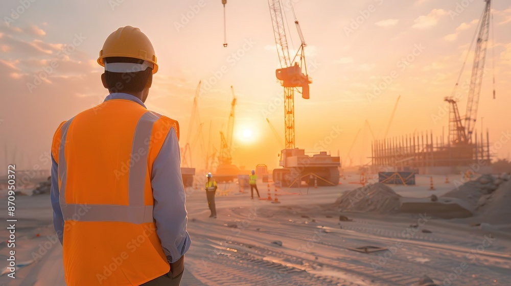 Eye-Level Angle, urban construction site, cranes towering over a ...