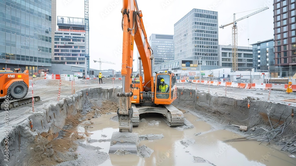 Eye-Level Angle, urban construction site, cranes towering over a ...