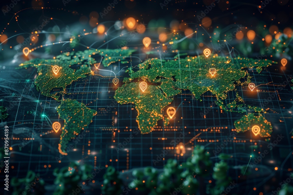 Symbolic map showcasing global distribution carbon credits with icons ...