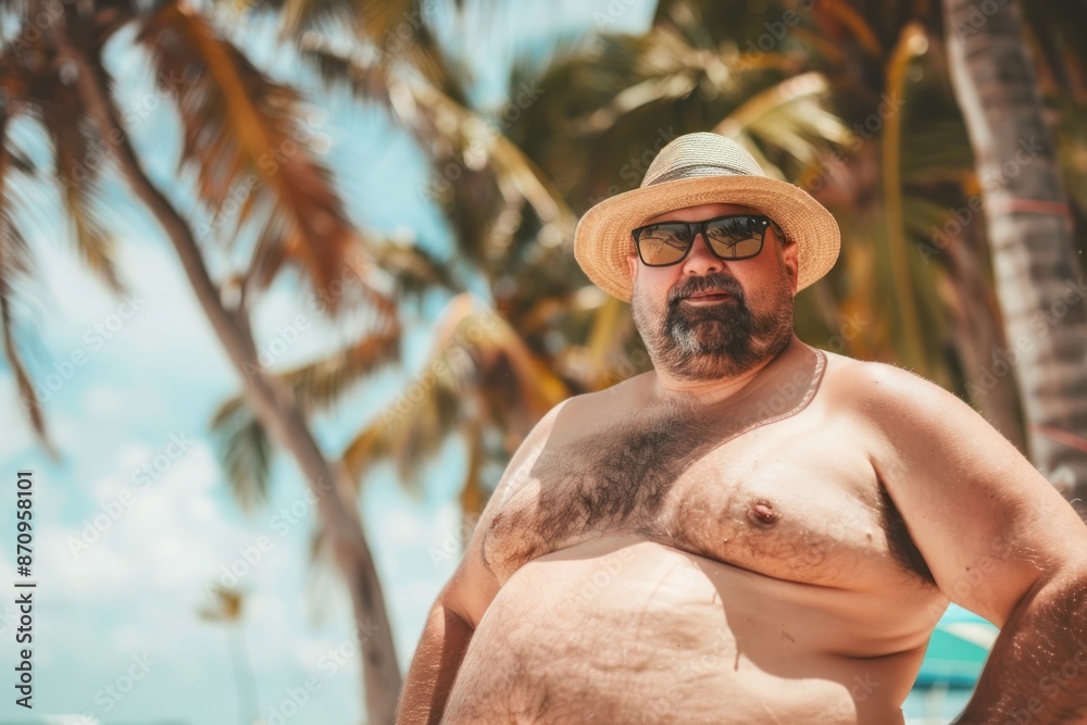 Fat man in swimsuit and sunglasses on blured beach background with palm ...