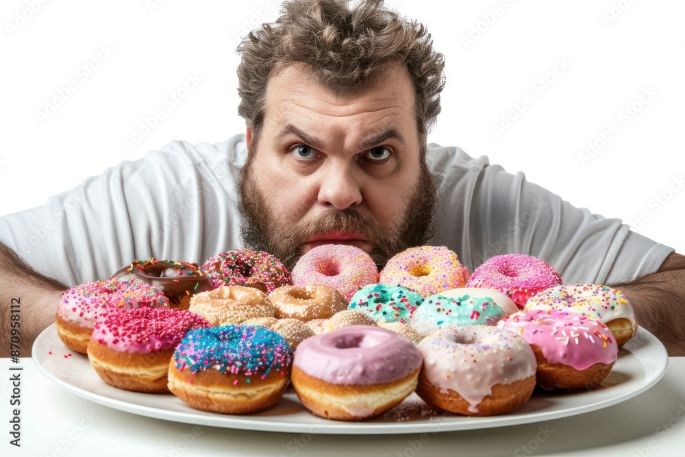 fat man ready to eat a plate full of donuts Isolated on white ...