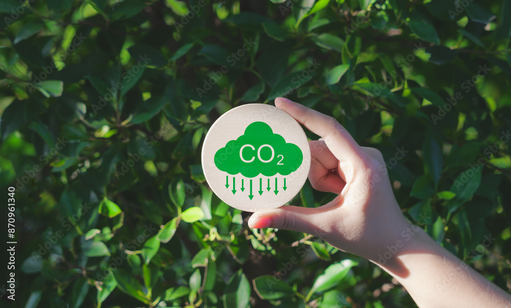 Reduce CO2 emission concept. A hand holds a green CO2 emissions symbol ...