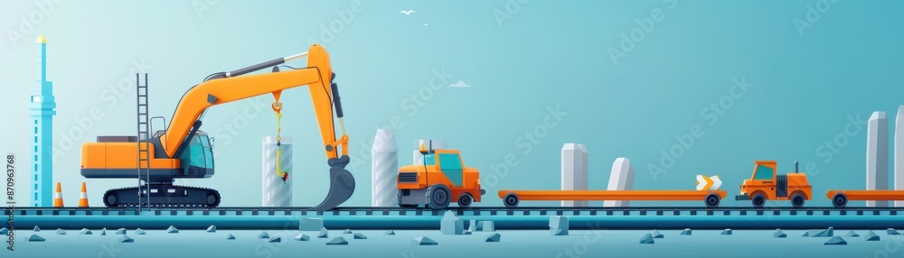 Construction site with heavy machinery including excavator and dump ...