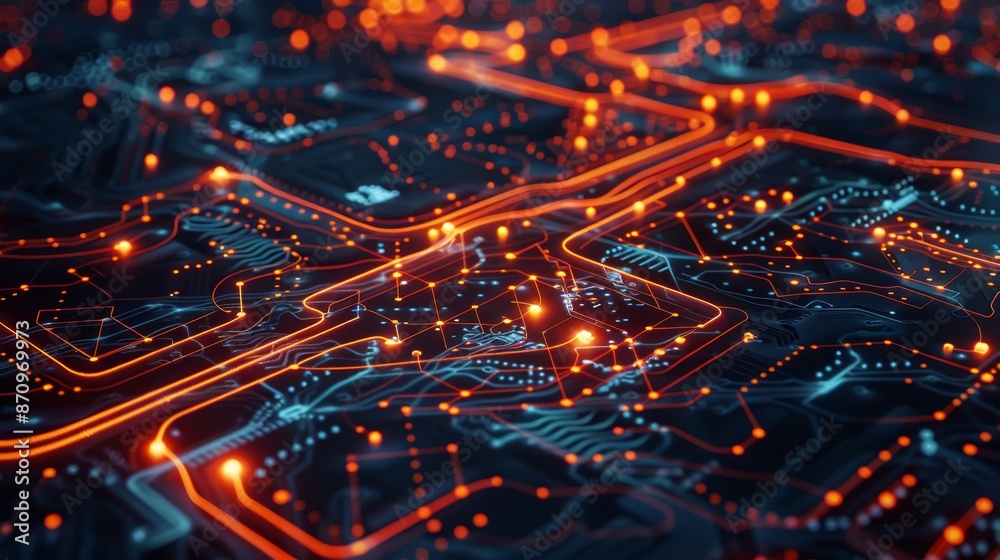 Digital map with illuminated pathways and nodes depicting realistic ...