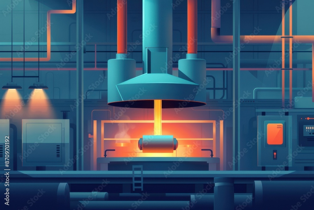 Industrial forging press in a modern factory, illuminated with vibrant ...