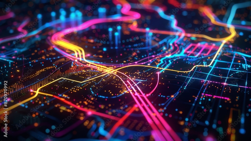 Futuristic digital map with illuminated pathways and data nodes for ...