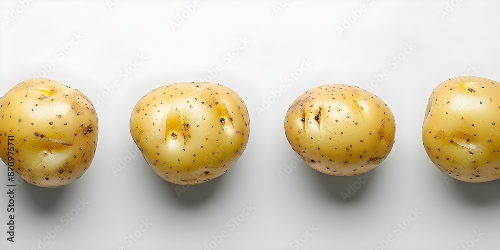 Display of six raw unwashed potatoes on a white background with similar ...