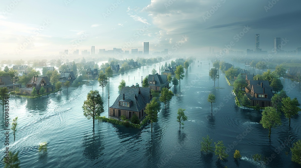 Realistic photo of a flood-prone area with resilient infrastructure ...
