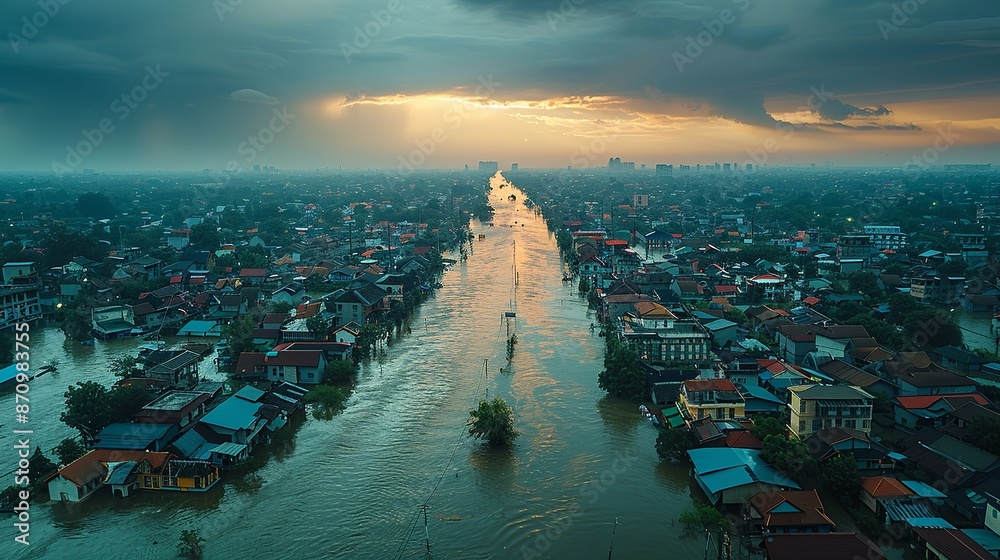 Realistic photo of a flood-prone area with resilient infrastructure ...