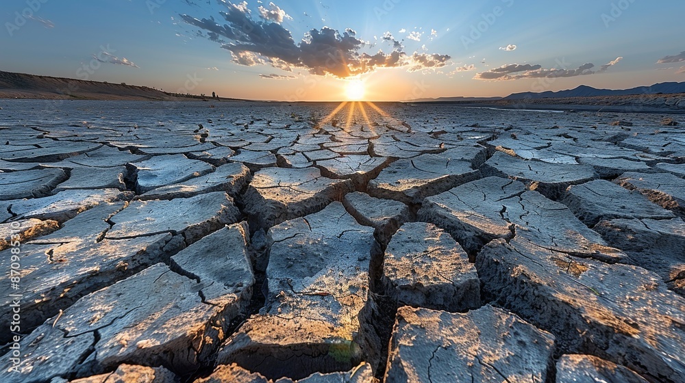 Realistic photo of a barren, dried-up riverbed, illustrating the severe ...