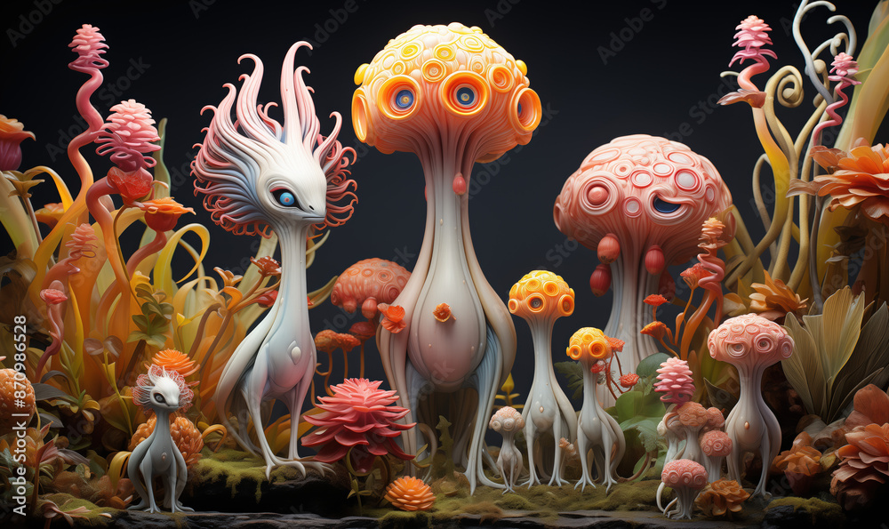 Surreal Mushroom Creatures in Enchanted Garden. A surreal gathering of ...