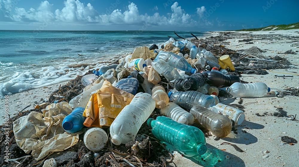 Foto de Realistic photo of plastic pollution on a beach, with piles of ...