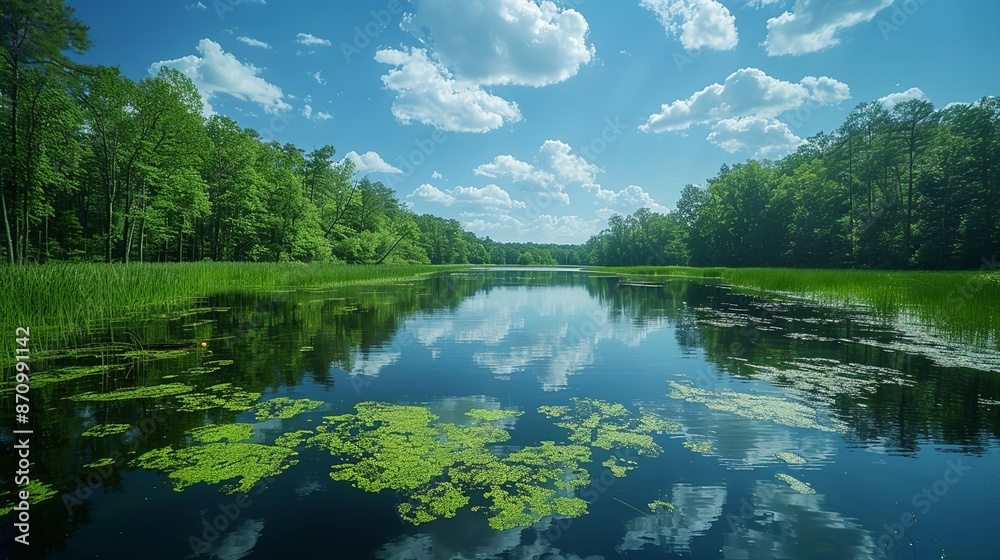 Realistic photo of water pollution in a lake with algae blooms caused ...