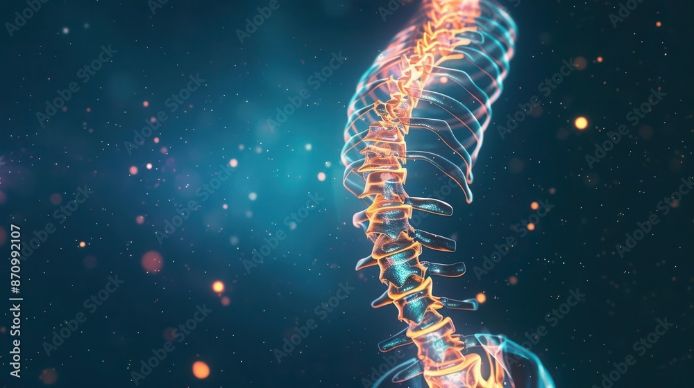 3d render of luminous human spine within translucent body outline ...