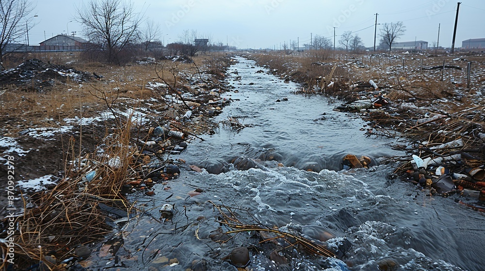 Realistic photo of industrial waste flowing into a stream, with ...