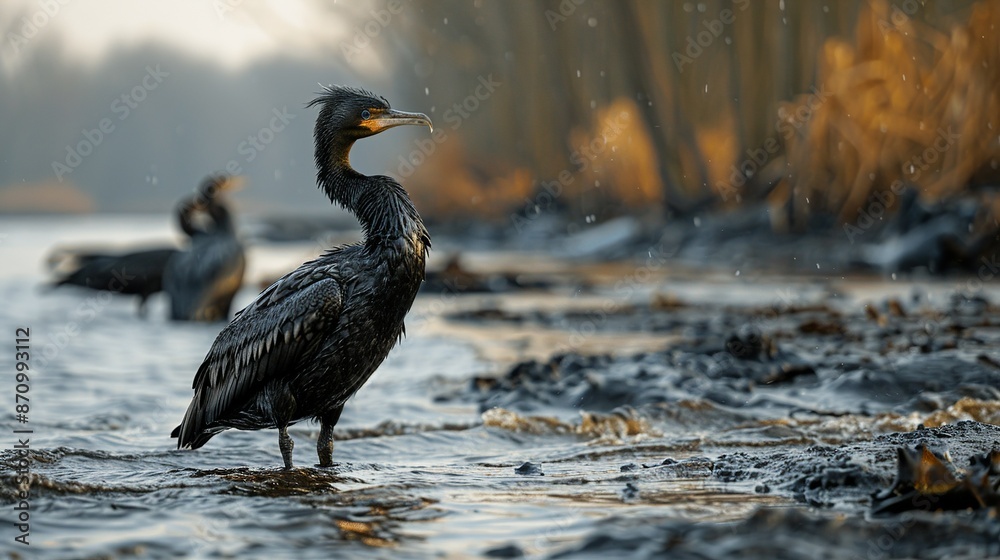 Realistic photo of water pollution in a coastal area, with oil spill ...