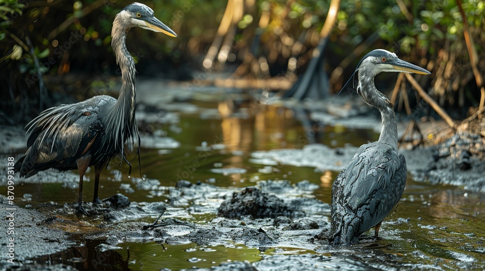 Realistic photo of water pollution in a coastal area, with oil spill ...