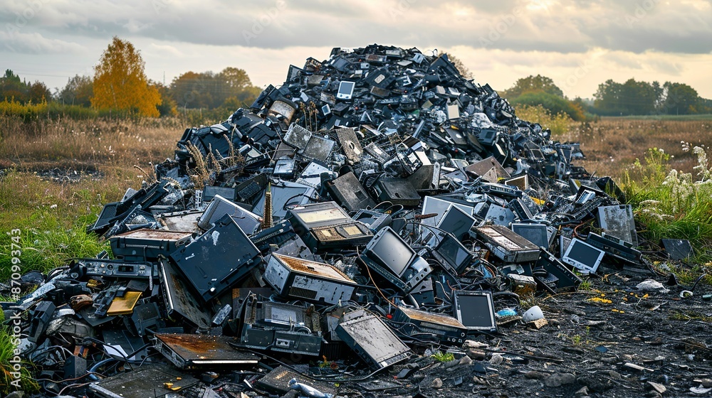 Realistic photo of e-waste landfill with heaps of broken electronics ...